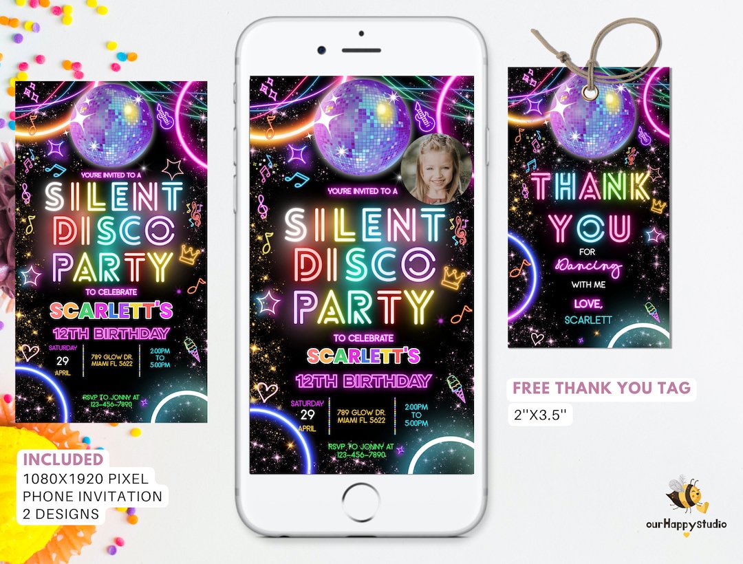 Editable Silent Disco Party Birthday Electronic Invitation, Disco ...