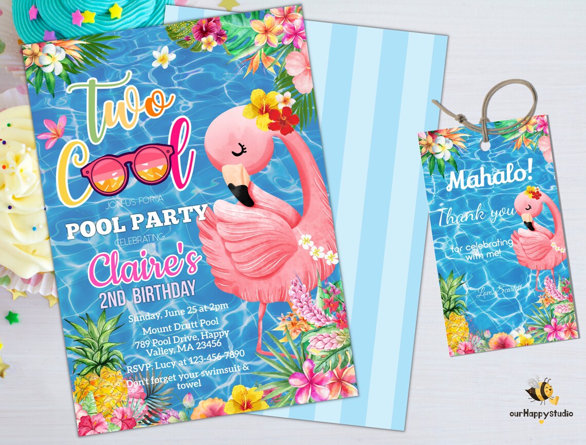 Editable Two Cool Pool Party Invitation, Hawaiian Flamingo Birthday ...