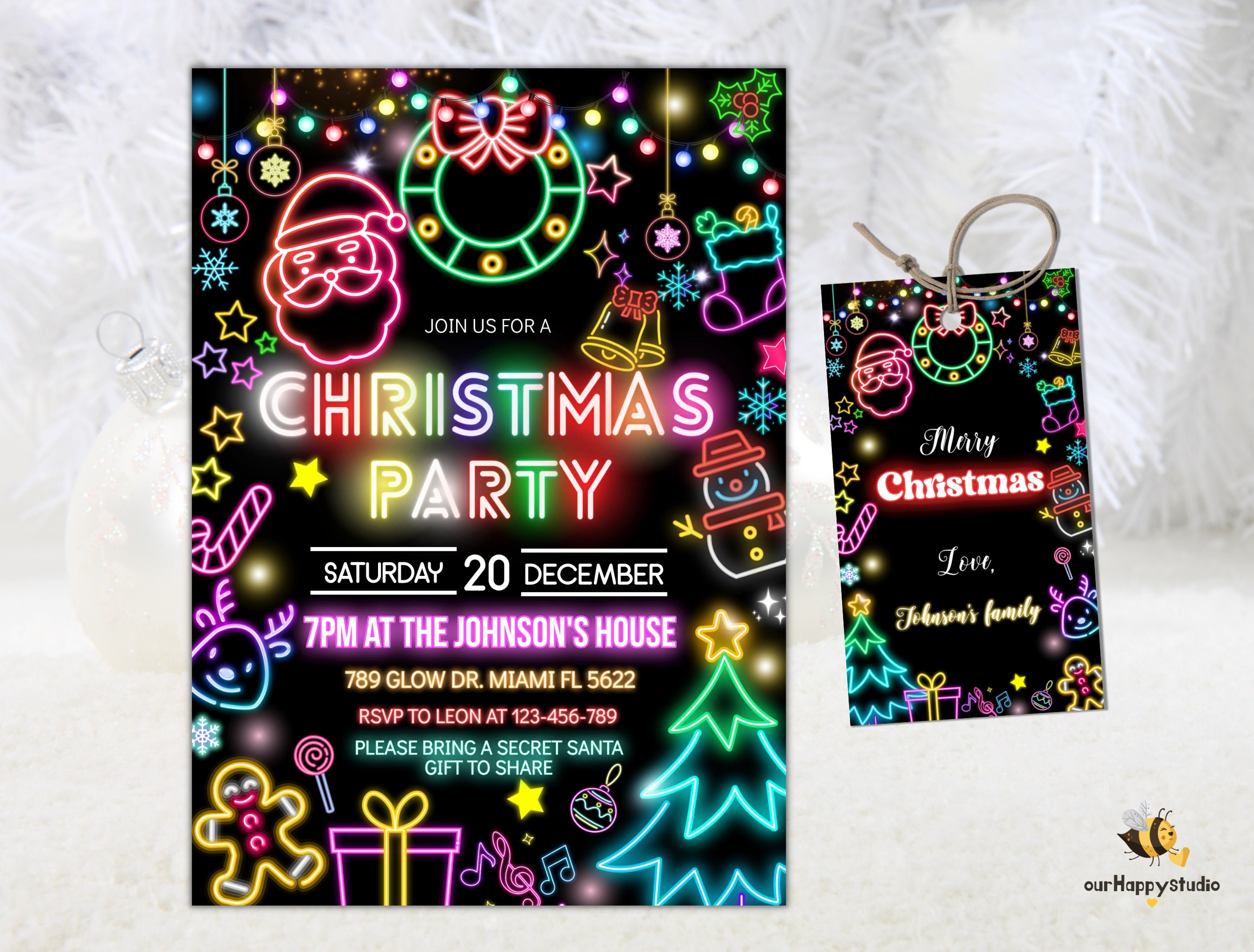 Editable Neon Christmas Party Invitation, Glow Christmas Party Invite ...