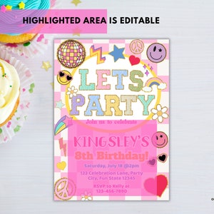 Editable Patch Letter Birthday Invite, Smiley Face Invite, Groovy Retro ...