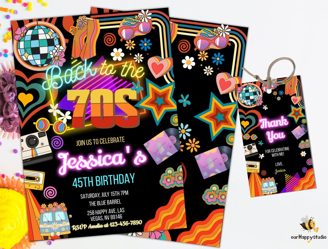Editable 70s Birthday Party Invitation Back to the 70s Neon - Etsy