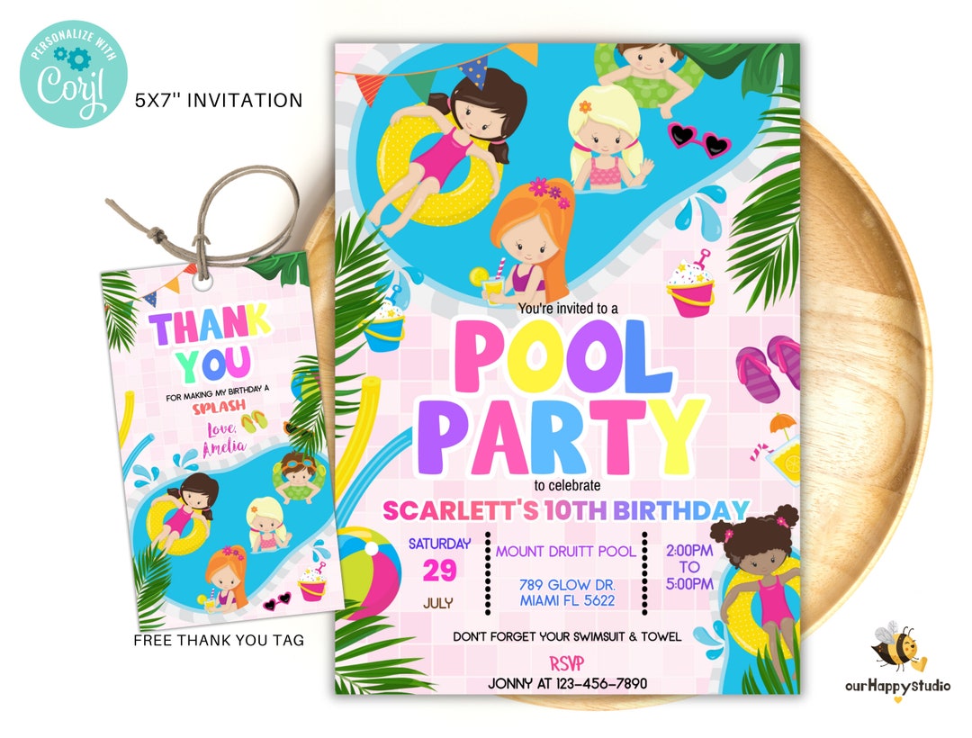 Editable Pool Party Invitation, Kid Summer Party Invite, Tropical ...