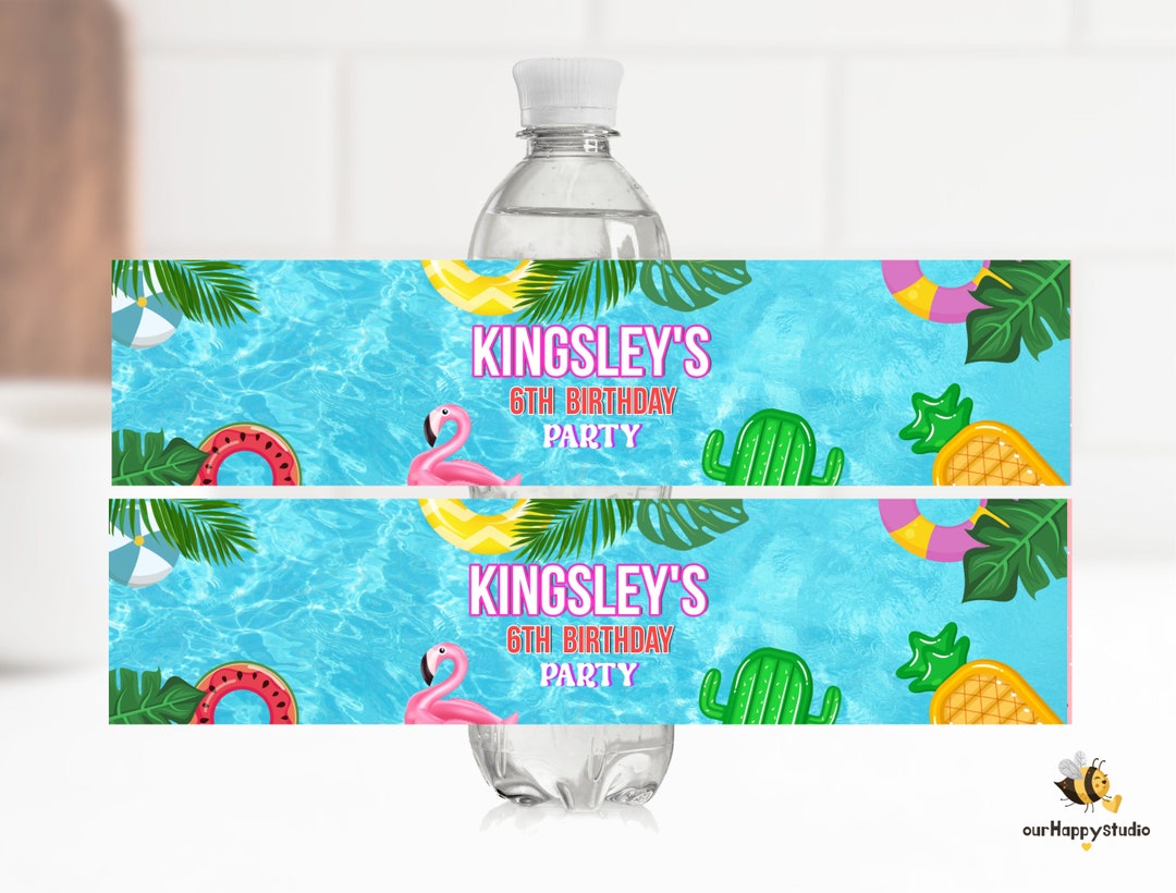Editable Pool Party Water Bottle Label, Birthday Water Bottle Sticker ...