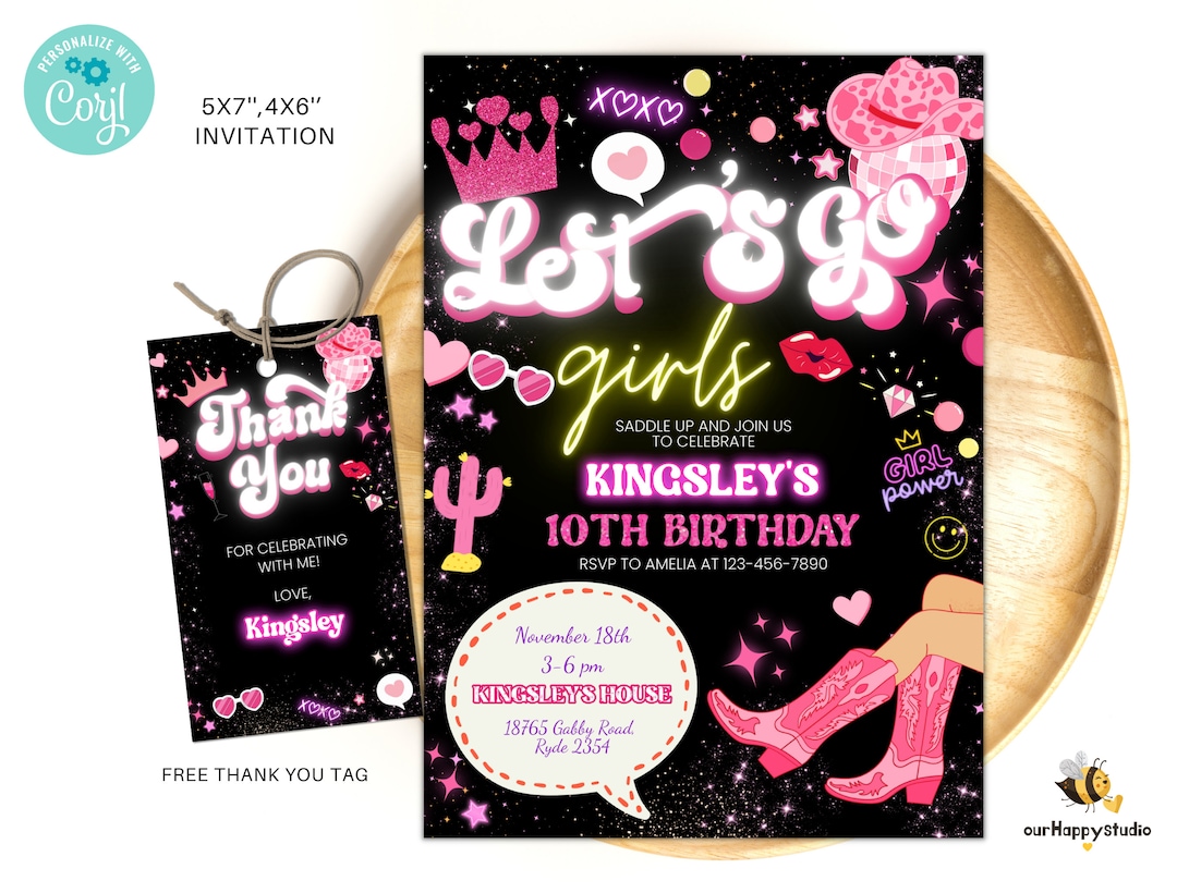 Editable Let's Go Girls Birthday Party Invitation, Pink Cowgirl ...