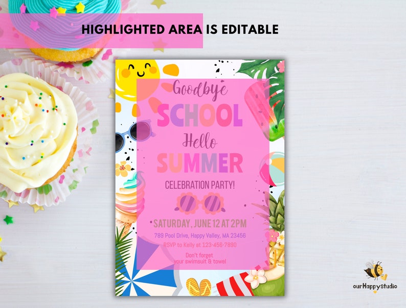 Editable End of School Party Invitation, Pool Party Invitation, Hello ...