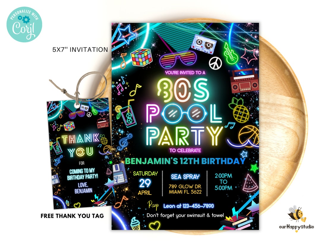 Editable 80s Pool Party Invitation, Retro Water Park Invite, Tropical ...