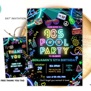 Editable 80s Pool Party Invitation, Retro Water Park Invite, Tropical ...