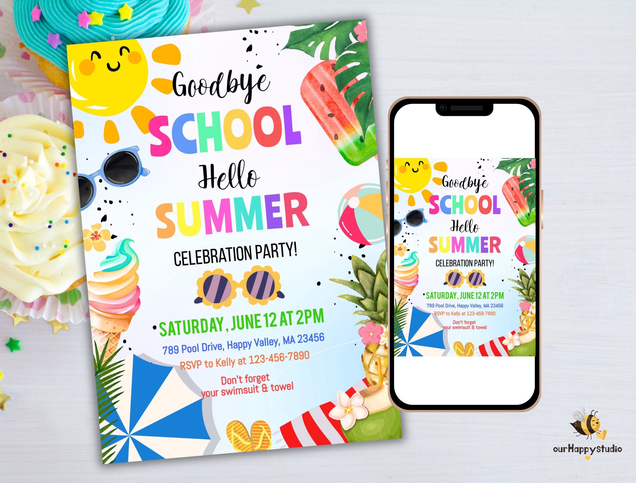 Editable End of School Party Invitation, Pool Party Invitation, Hello ...