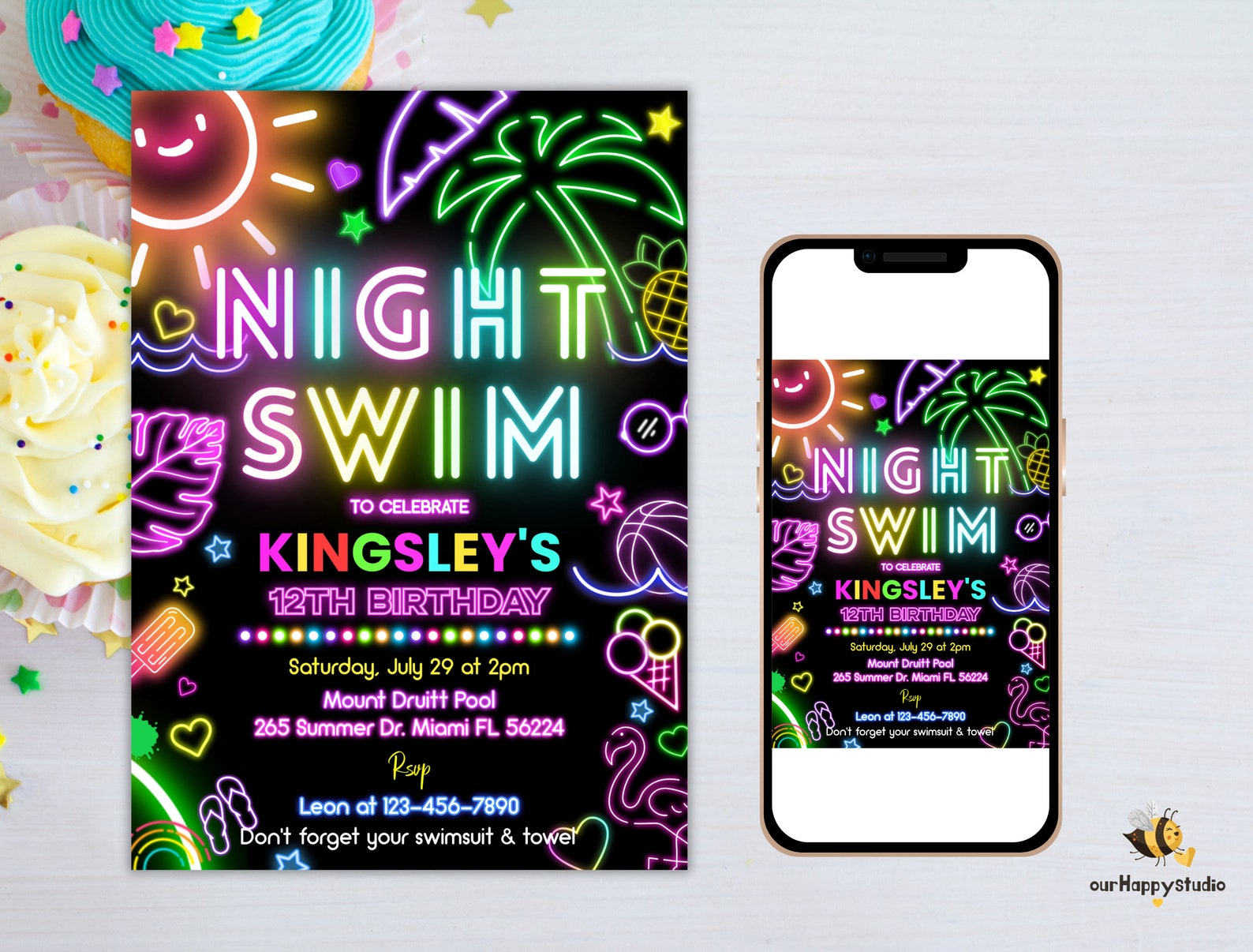 Editable Pool Party Invitation, Night Swim Party Invite, Tropical Neon ...
