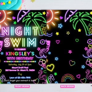 Editable Pool Party Invitation, Night Swim Party Invite, Tropical Neon ...