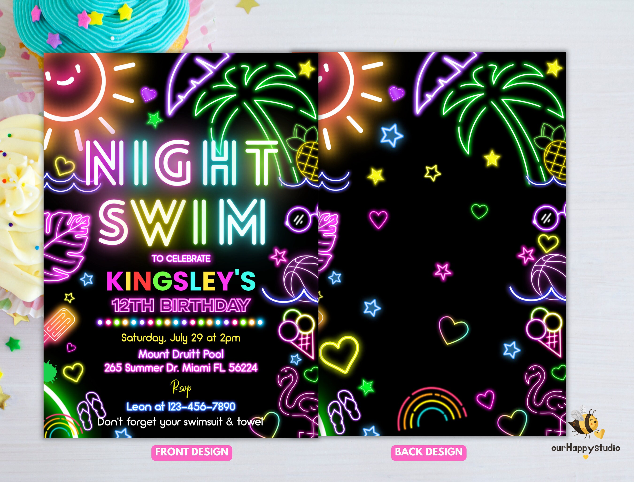 Editable Pool Party Invitation, Night Swim Party Invite, Tropical Neon ...