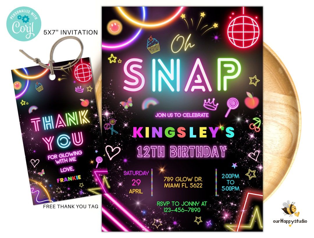 Editable Oh Snap Invitation, Glow Gender Neutral Invites , Glow Party ...