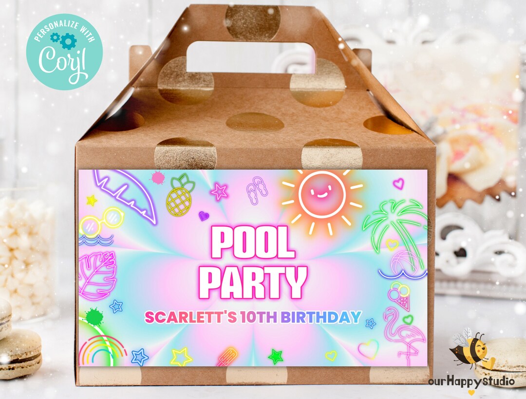 Editable Pool Party Gable Box Labels Tropical Splish Splash Girly Tie ...