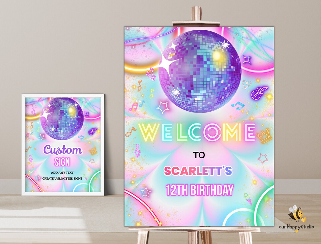 Editable Tie Dye Dance Party Welcome Sign, Disco Party Custom Sign ...