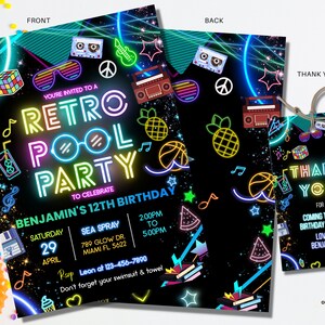 Editable Retro Pool Party Invitation, 80s Water Park Invite, Tropical ...