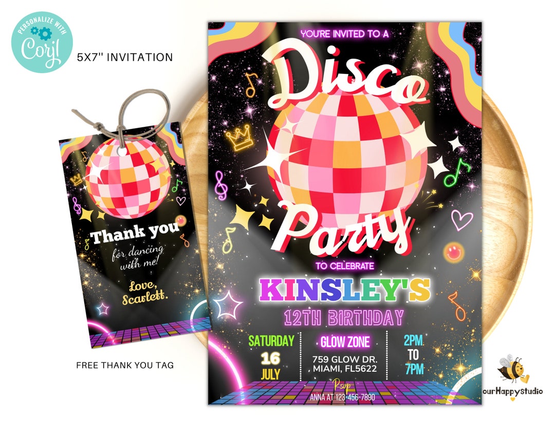 Editable Disco Party Birthday Invitation, Glow Neutral Invites, Dance ...