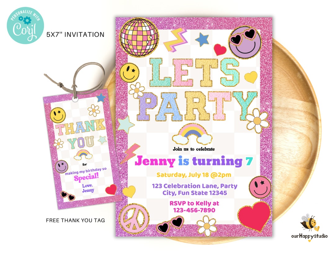Editable Patch Letter Smiley Face Birthday Invite, Groovy Retro ...