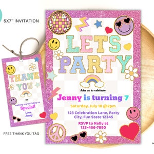Editable Patch Letter Smiley Face Birthday Invite, Groovy Retro ...
