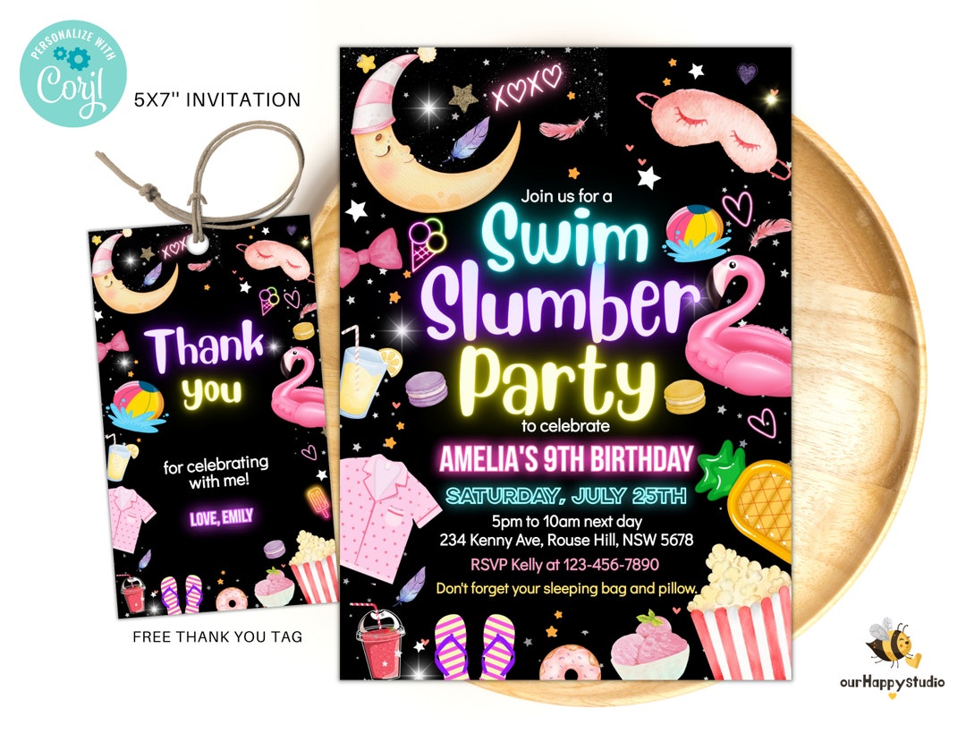 Editable Swim Slumber Birthday Invite Slumber Pool Party Birthday ...