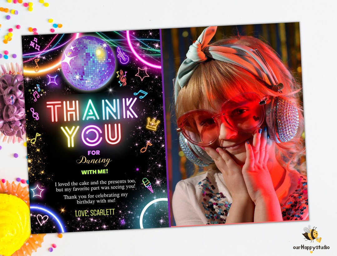 Editable Disco Party Thank You Card, Dance Party Thank You Card With ...