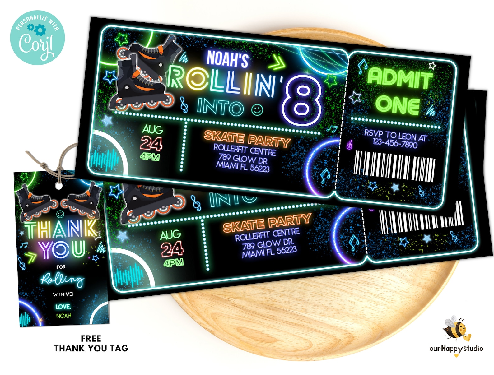Editable Roller Skating Ticket Template Glow Party Birthday Ticket ...