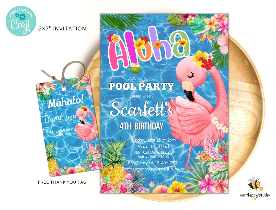 Editable Aloha Pool Party Invitation, Hawaiian Flamingo Birthday Invite ...