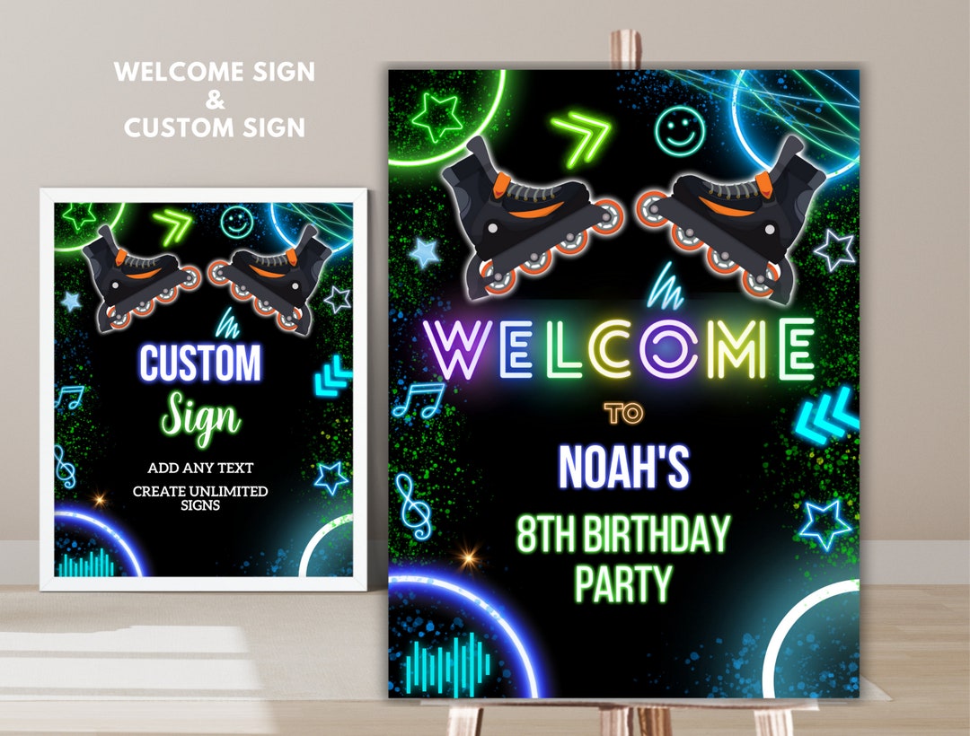 Editable Boy Roller Skating Welcome Sign, Skating Party Custom Sign ...