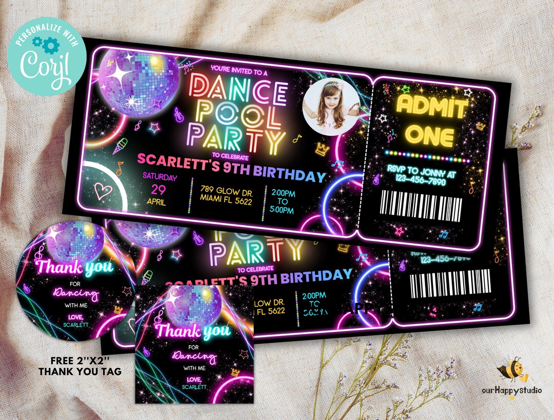 Editable Dance Pool Party Birthday Invitation Ticket With Photo, Dance ...