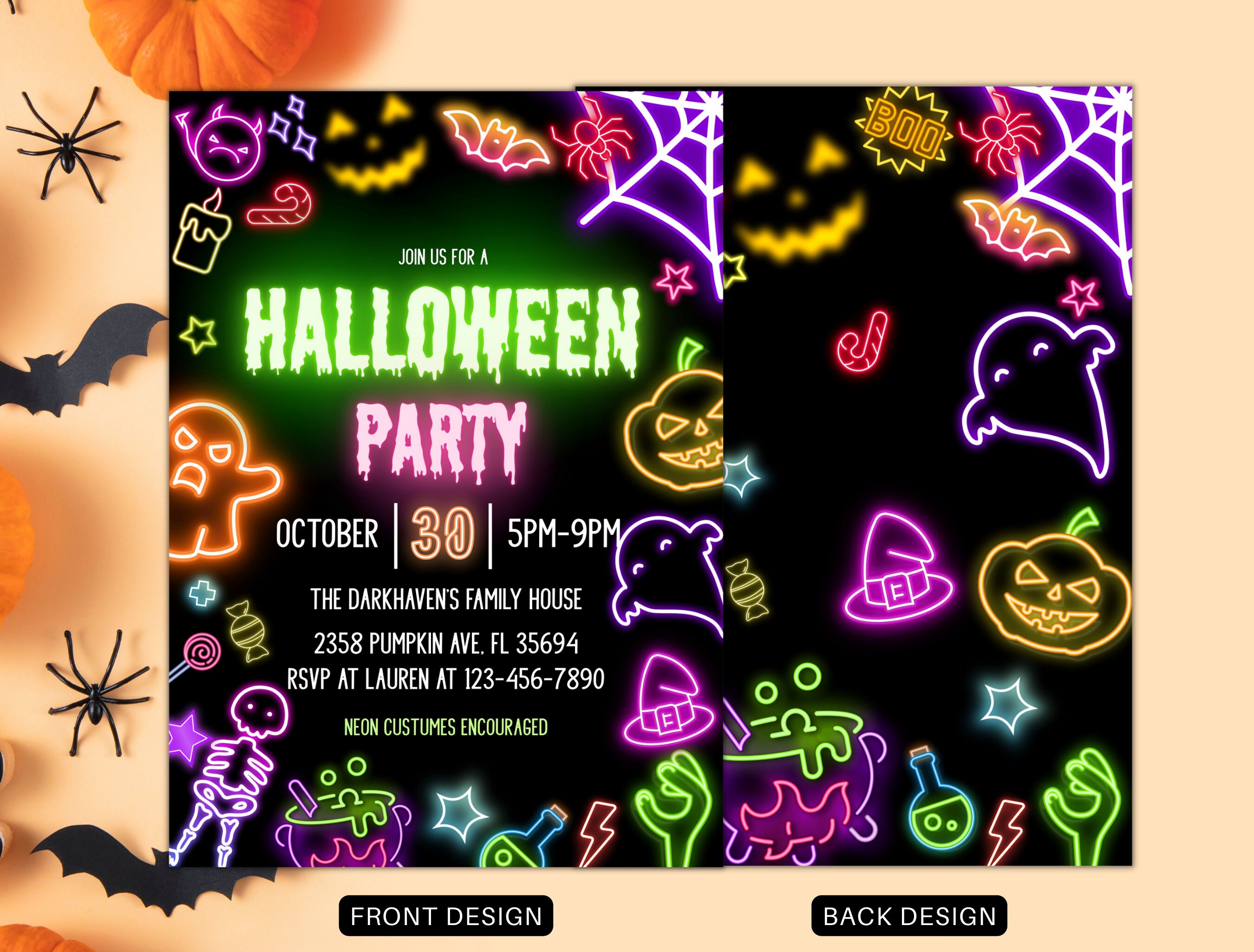 Editable Neon Halloween Party Invitation Template Halloween - Etsy