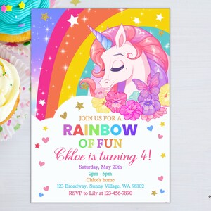 Editable Unicorn Rainbow Birthday Invitation, Rainbow Unicorn Floral ...