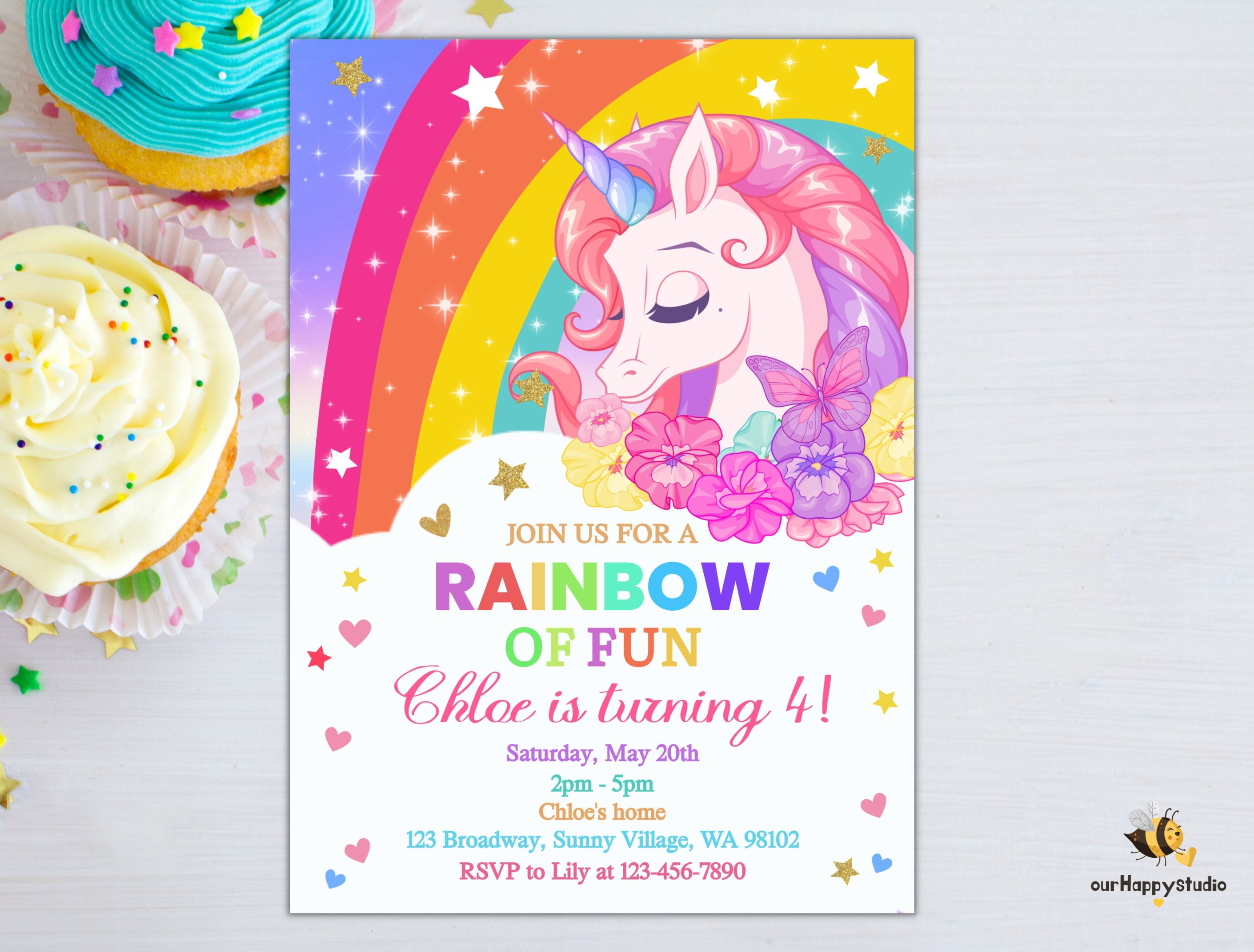 Editable Unicorn Rainbow Birthday Invitation, Rainbow Unicorn Floral ...