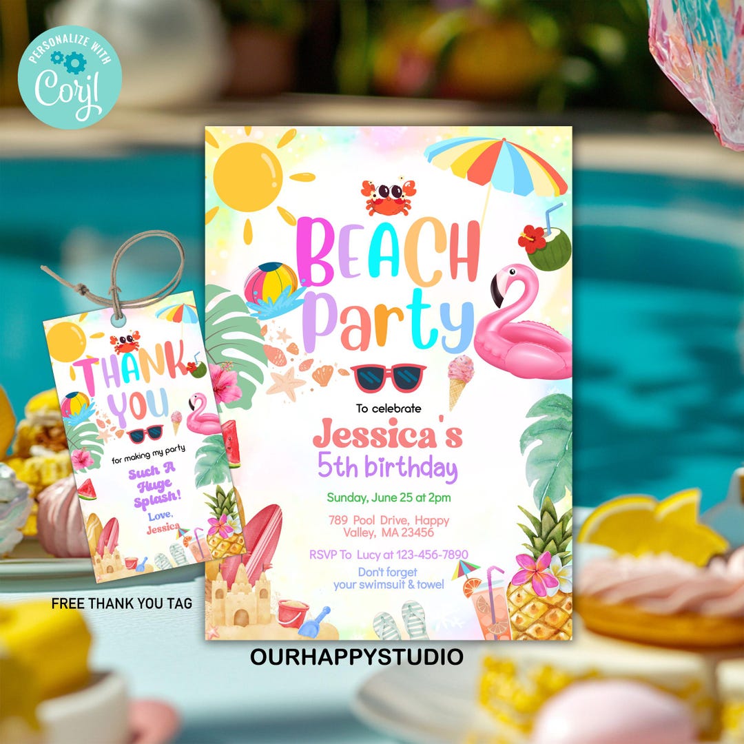 Editable Beach Party Invitation Splish Splash Girl Beach Party Invite ...