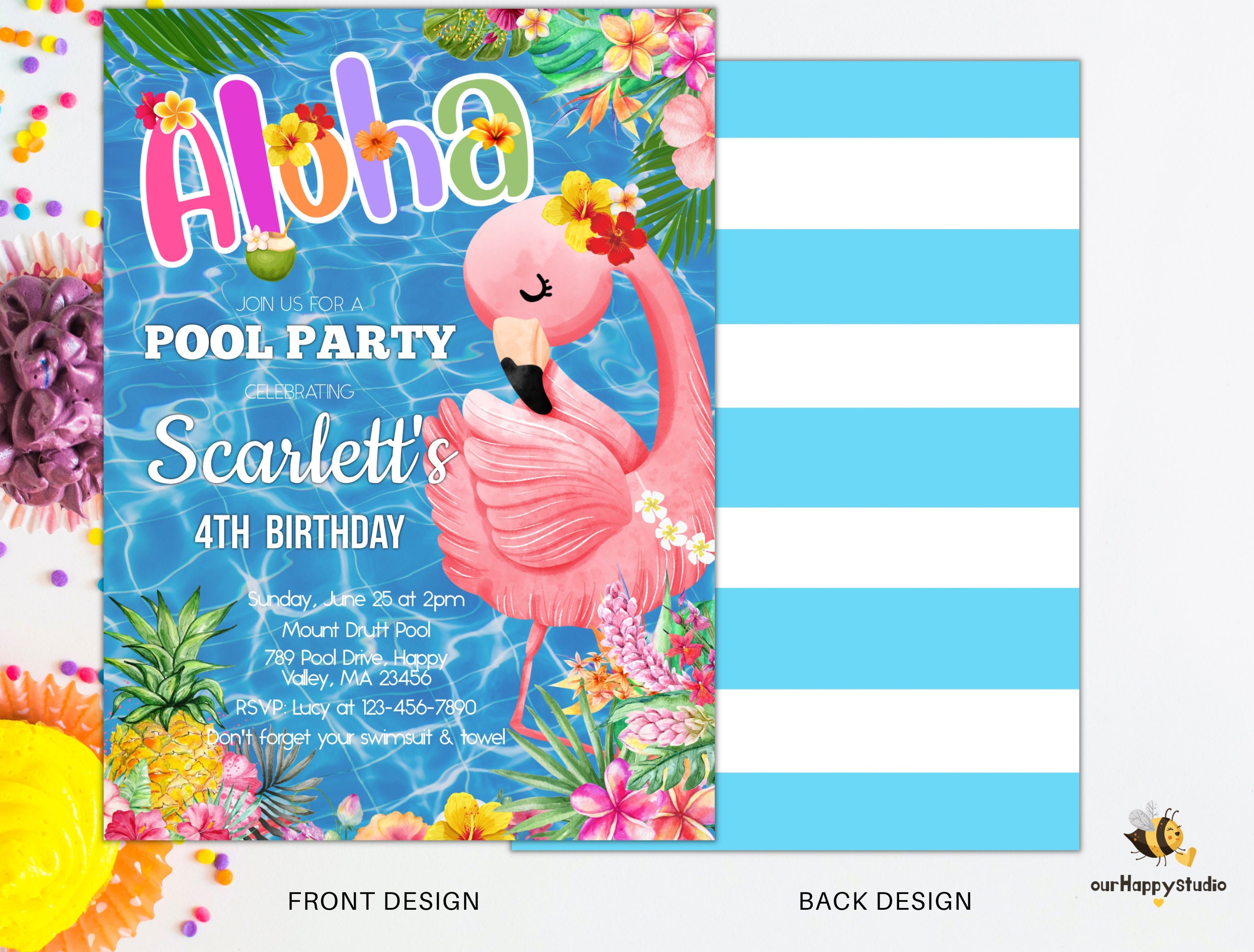 Editable Aloha Pool Party Invitation, Hawaiian Flamingo Birthday Invite ...