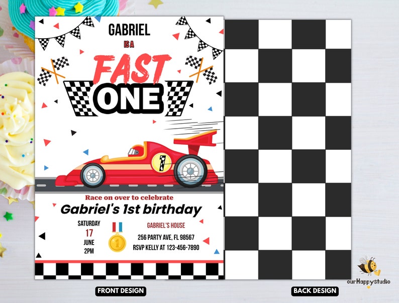 Editable Fast One Racing Car First Birthday Invitation, 1st Birthday ...