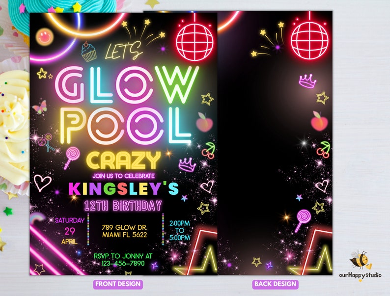 Editable Glow Pool Party Birthday Invitation, Glow Gender Neutral ...
