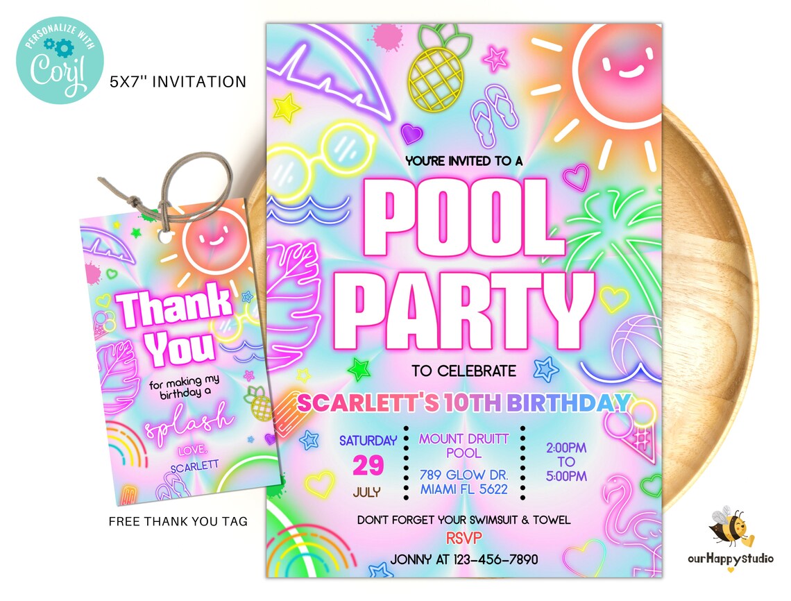 Editable Pool Party Invitation Glow Neon Invite Tropical Tie - Etsy