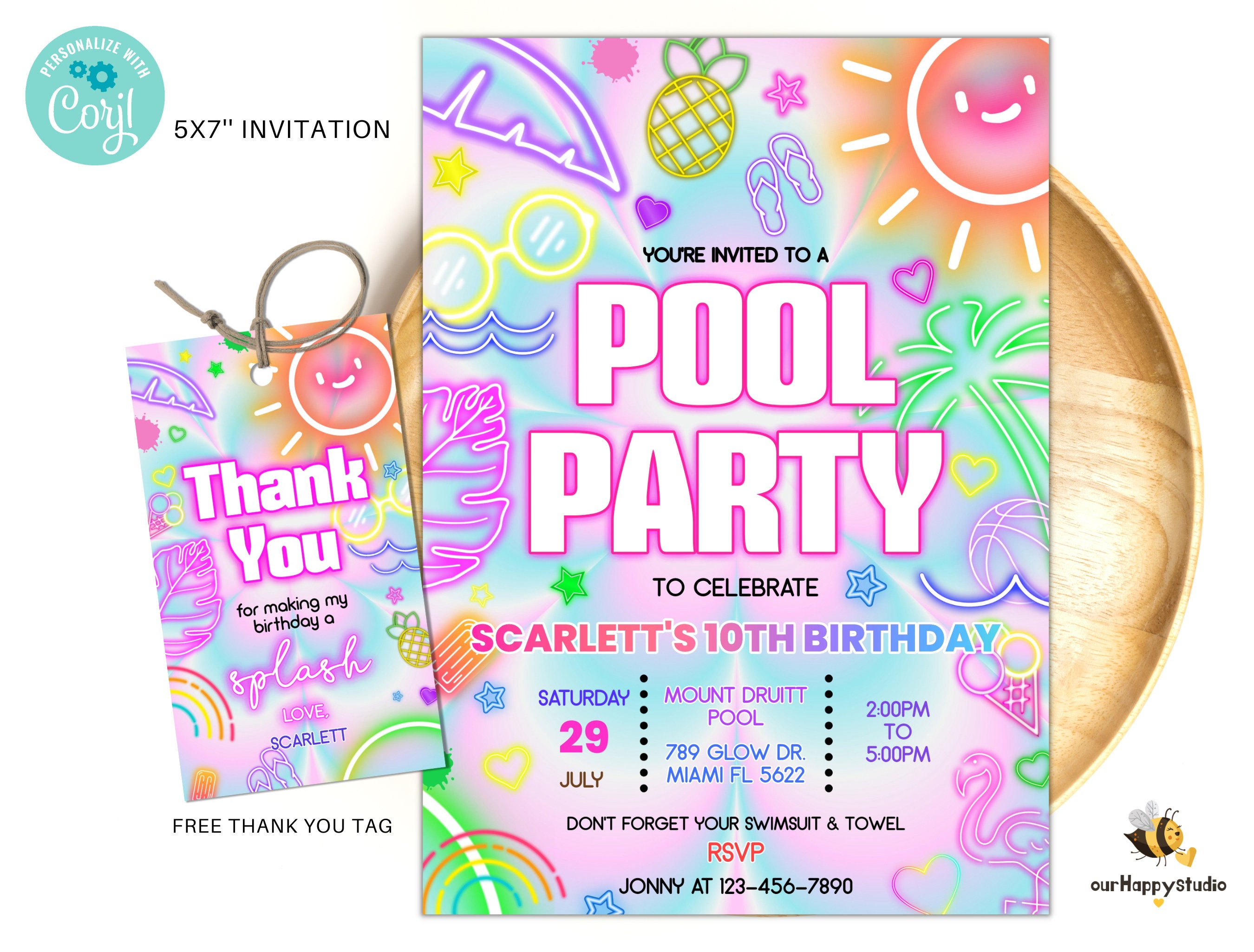 Editable Pool Party Invitation Glow Neon Invite Tropical Tie - Etsy