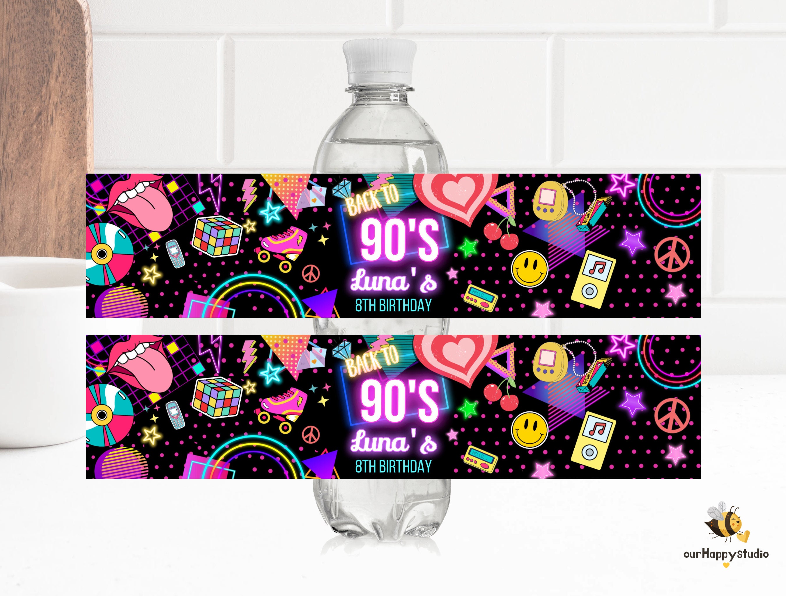 Editable 90S Water Bottle Label, Glow Birthday Water Bottle Sticker ...