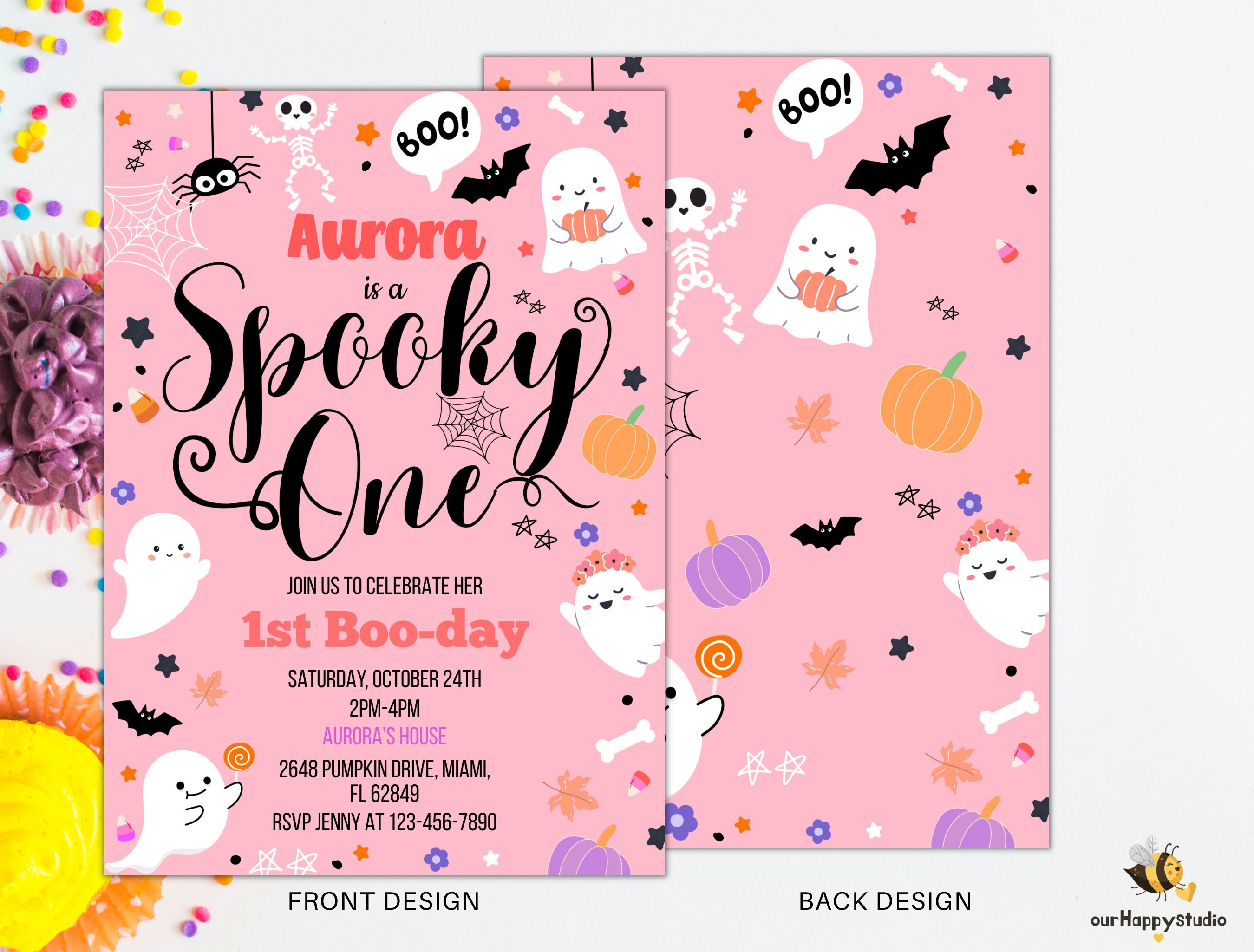 Editable Spooky One Ghost Halloween 1st Birthday Party Invite Cute Pink ...