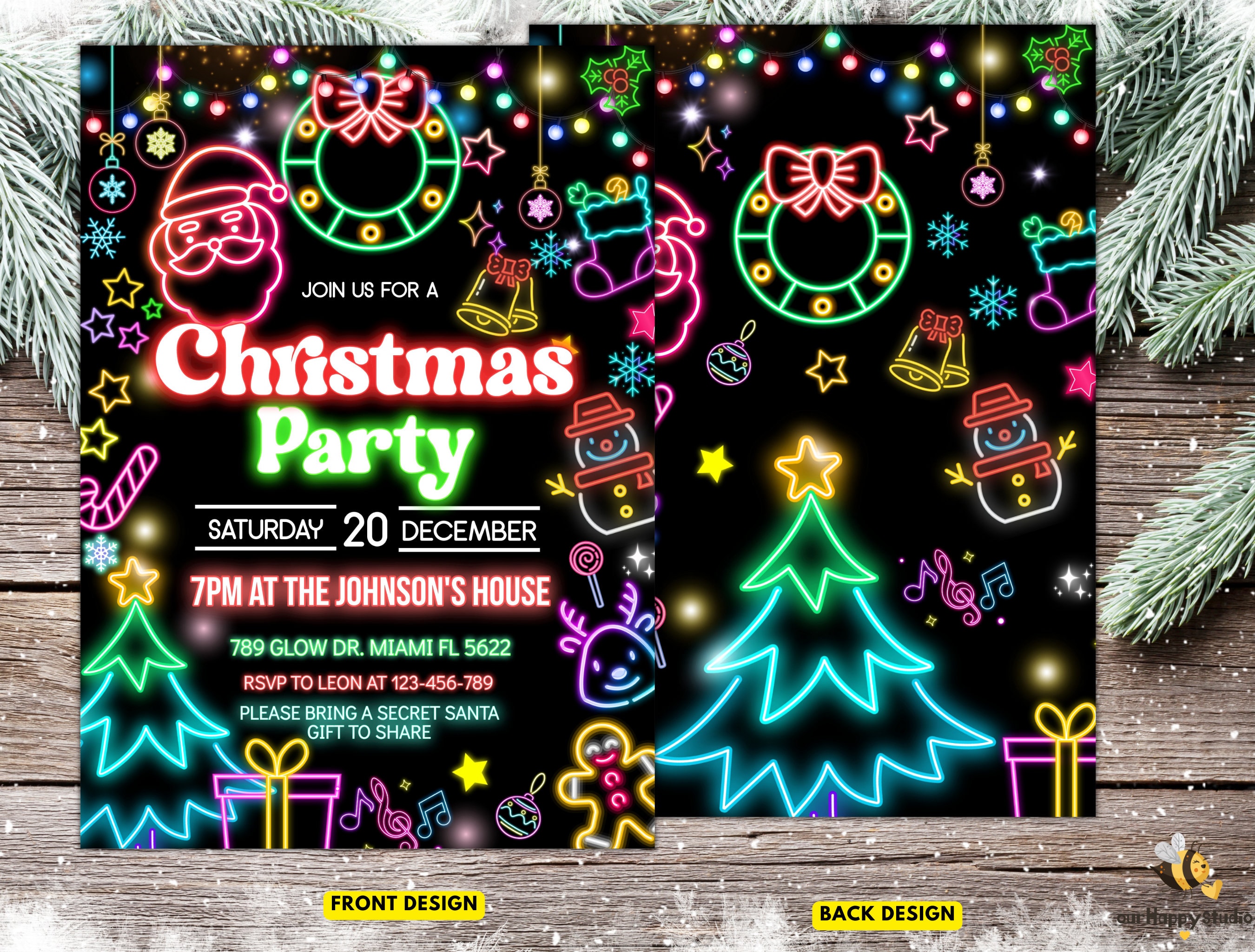 Editable Neon Christmas Party Invitation Glow Christmas Party - Etsy
