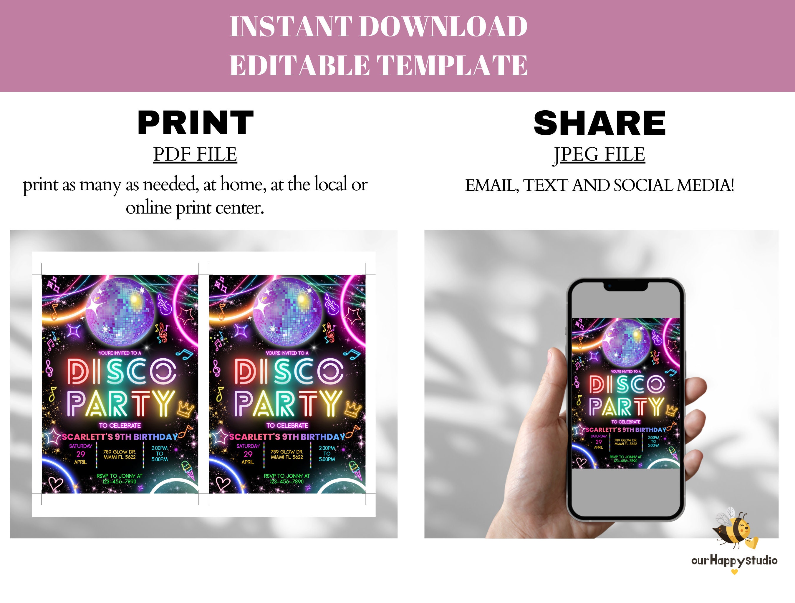 Editable Disco Party Birthday Invitation, Disco Gender Neutral Invites ...