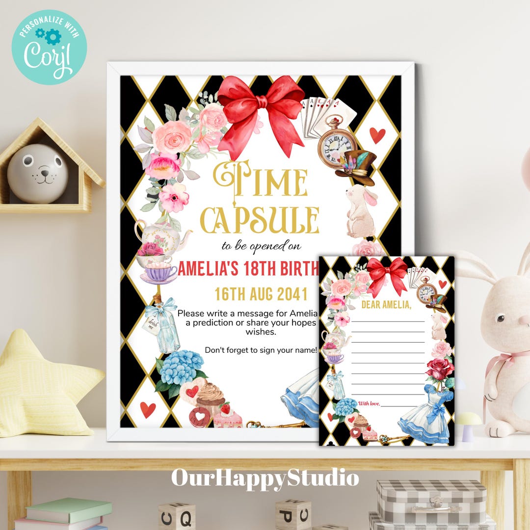 Editable Alice in Wonderland Time Capsule and Matching Note Cards, 1st ...