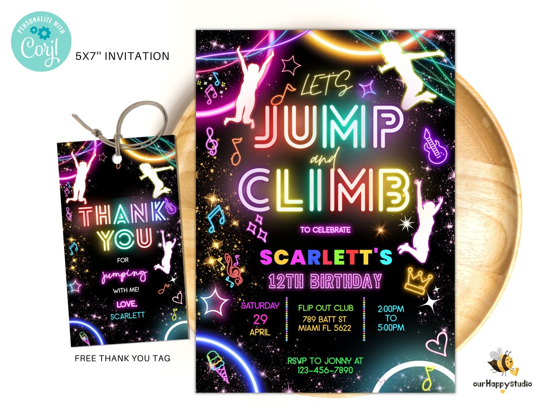 Editable Jump and Climb Party Birthday Invitation, Glow Trampoline ...