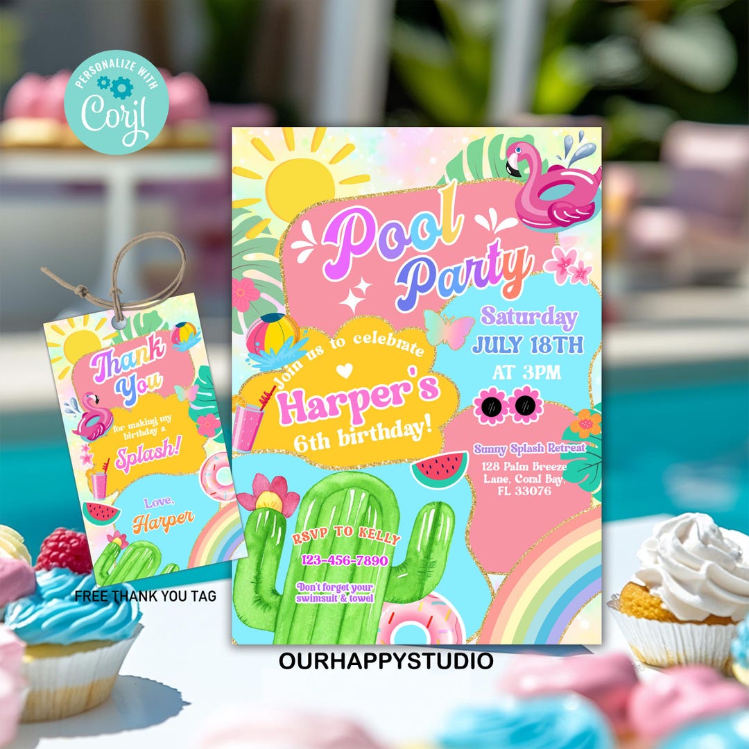 Editable Pool Party Invitation, Groovy Retro Birthday, Tropical ...