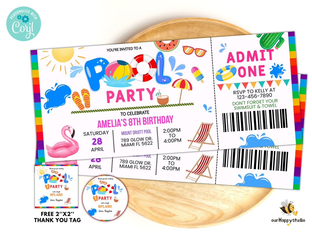 Editable POOL Party Birthday Invitation Ticket, POOL Party Neutral ...