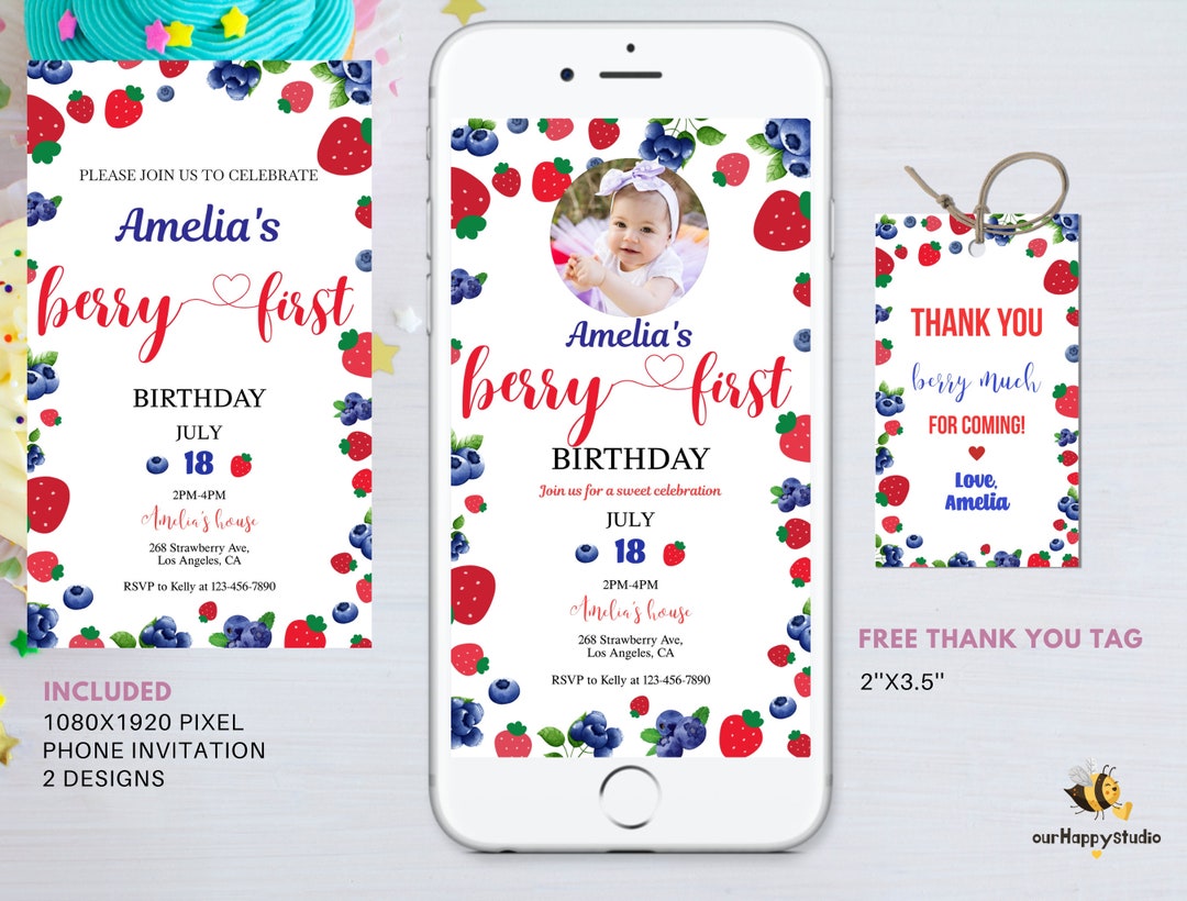 Editable Berry First Birthday Evite With Photo Template, Strawberry 1st ...