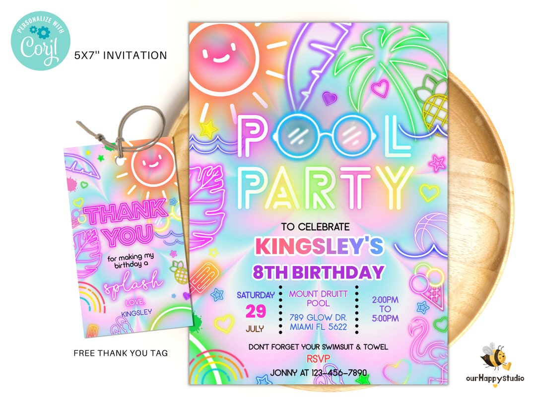 Editable Pool Party Invitation, Glow Neon Invite, Tropical Tie Dye ...