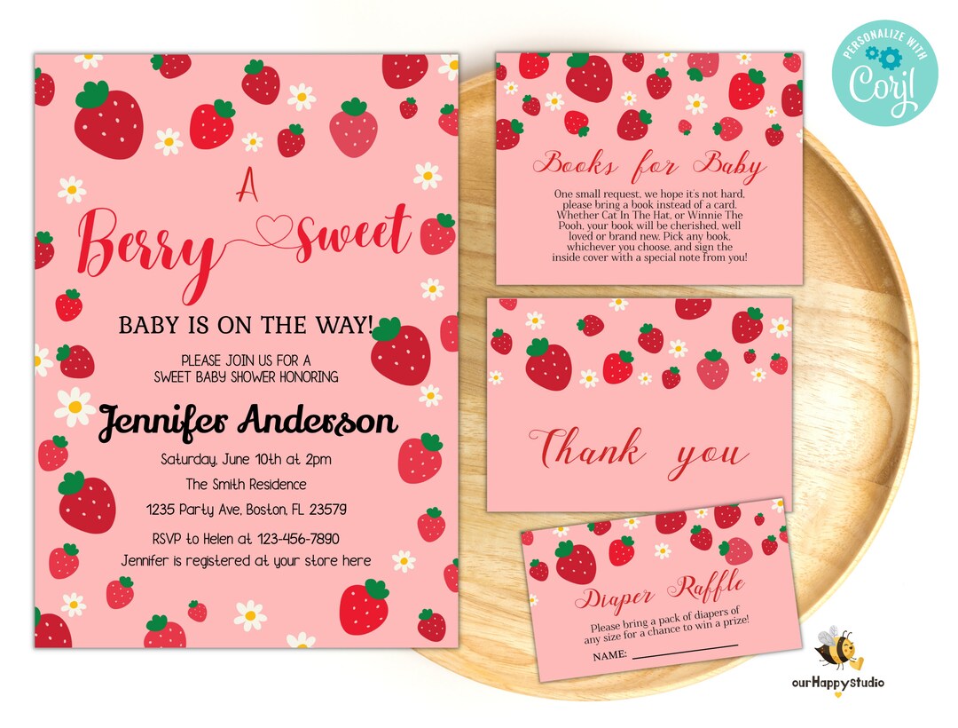 Editable Strawberry Baby Shower Invitation Bundle, Printable Berry ...