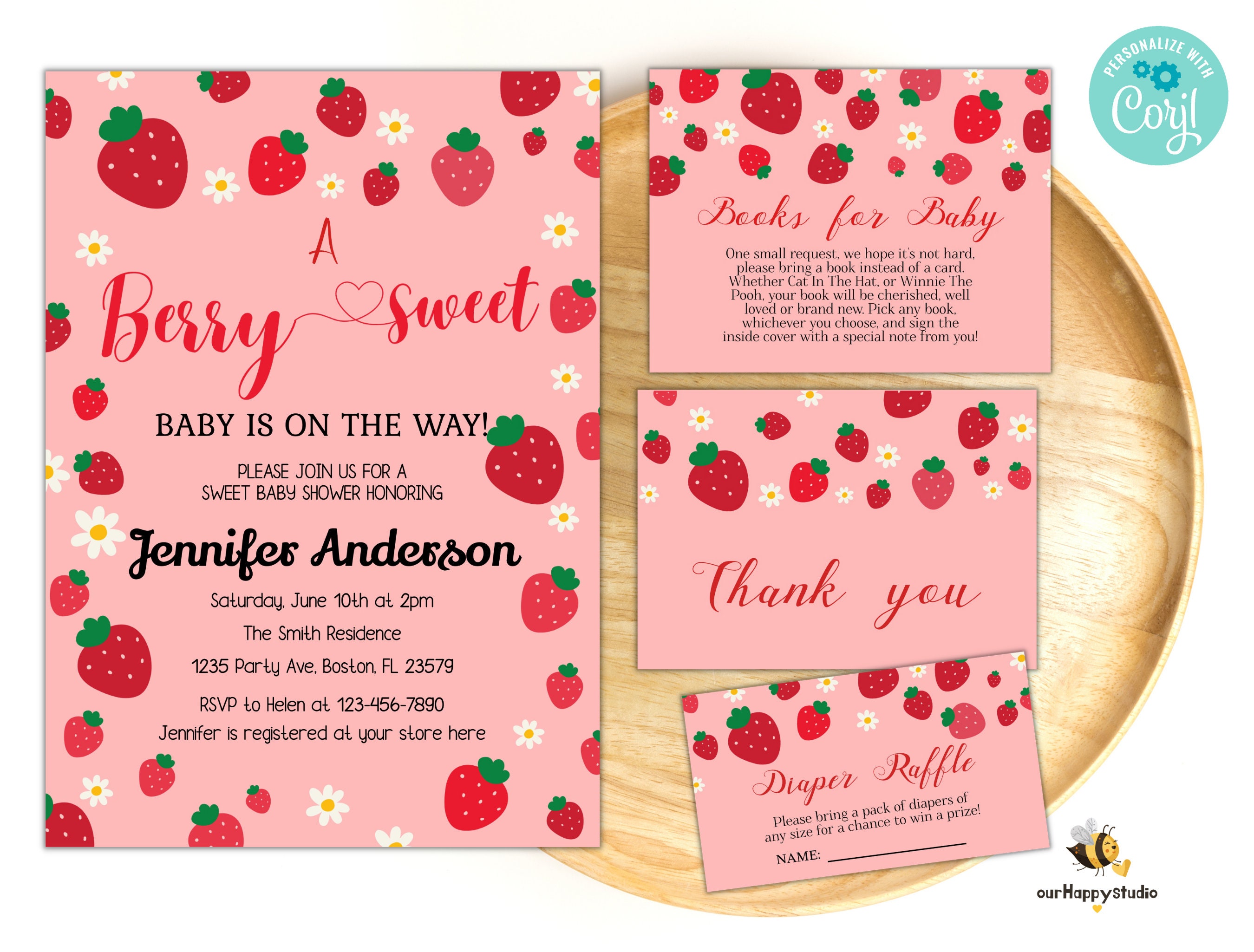 Editable Strawberry Baby Shower Invitation Bundle Printable - Etsy