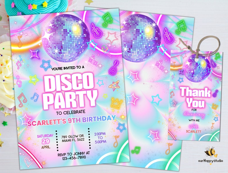 Editable Tie Dye Disco Birthday Invitation, Neon Dance Party (5x7 ...